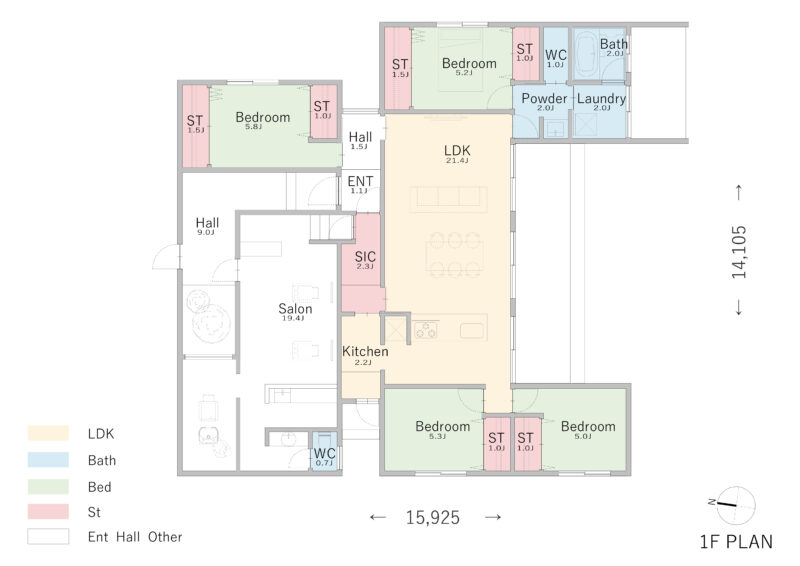 5LDKの平屋の間取り実例｜広さや価格の相場や間取りのポイントも解説！ | 注文住宅なら建築設計事務所フリーダムアーキテクツ